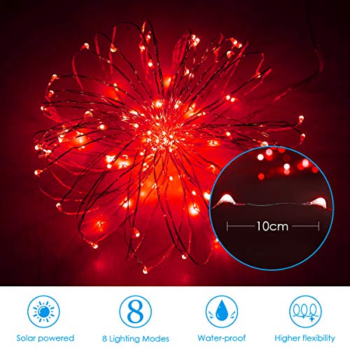 AMIR Upgraded Solar String Lights Outdoor, Mini 33Feet 100 LED Copper Wire Lights, Solar Powered Fairy Lights, Waterproof Solar Decoration Lights for Garden Yard Party Wedding Christmas (Red)