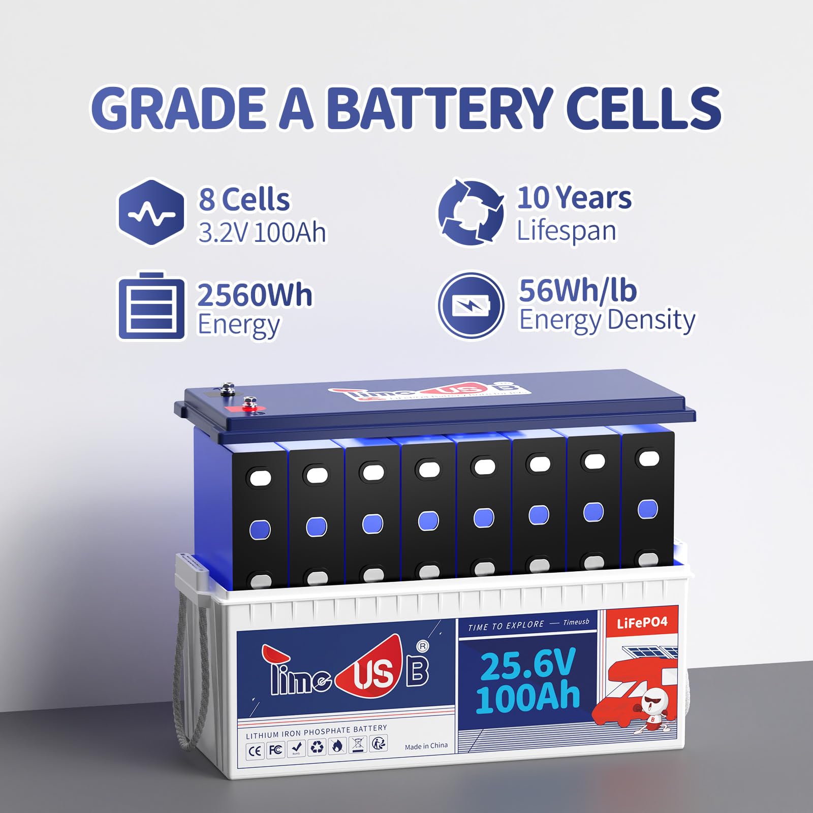 Timeusb 24V 100Ah LiFePO4 Battery, 2.56kWh Lithium Battery, Built-in 100A BMS, 10-Year Lifetime with Grade A LiFePO4 Cells, Perfect for RV, Camper, Home Energy Storage, Van, Off-Grid, etc