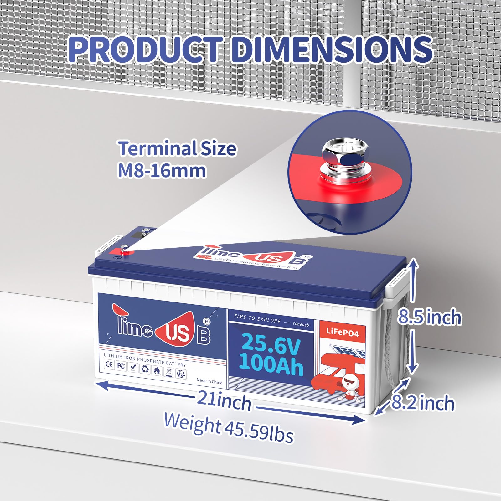 Timeusb 24V 100Ah LiFePO4 Battery, 2.56kWh Lithium Battery, Built-in 100A BMS, 10-Year Lifetime with Grade A LiFePO4 Cells, Perfect for RV, Camper, Home Energy Storage, Van, Off-Grid, etc
