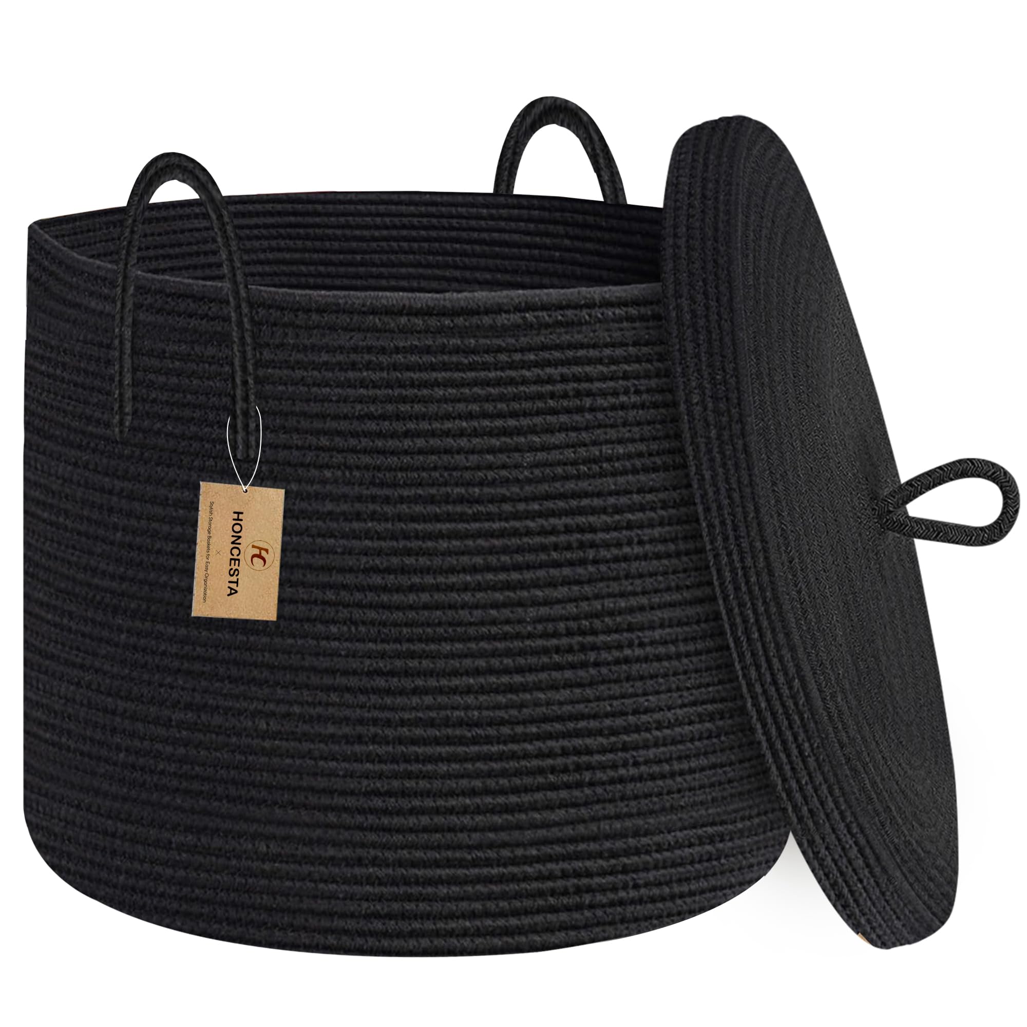 HONCESTA 18" X 14" Large Black Basket with Lid, Cotton Rope Storage Basket for Blanket, Toy, Pillow, Towel, Living Room Bedroom Storage Bin, Wicker Woven Basket, All Black Organizing Basket with Cover
