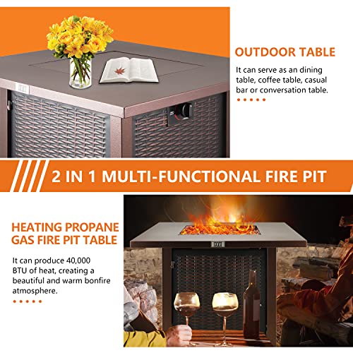 SEGMART Outdoor Propane Fire Pit Table 40000 BTU Gas Fire Pit Table for Outside Patio/Garden/Courtyard, Square Fire Pit with Lid, Auto-Ignition, Lava Rock, Wicker Steel Surface, Outdoor Companion
