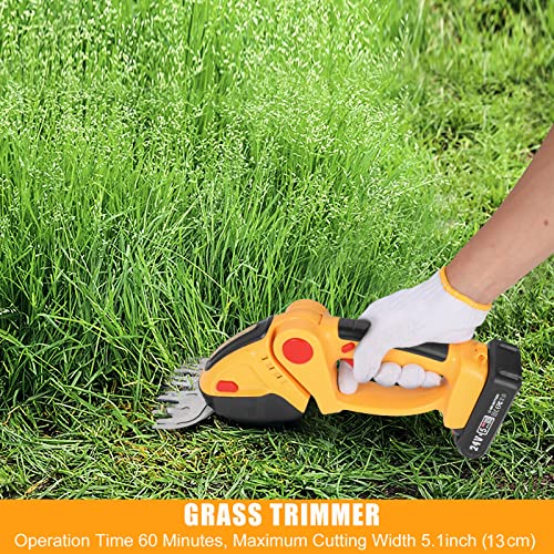 24V Cordless Grass Shear & Hedge Trimmer, 2 in 1 Electric Mini Hedge Trimmer, Handheld Grass Cutter Clippers Power Hedge Trimmers with 1500mAh Rechargeable Battery & Charger for Gardening