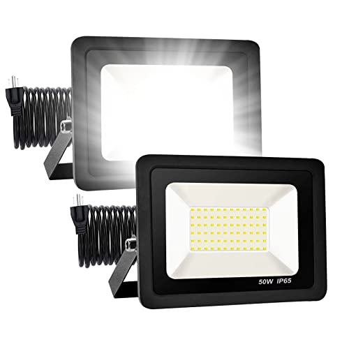 UNUSROOM 2 Pack 50W LED Flood Light Outdoor, 7000LM LED Work Lights,6500K Outdoor Floodlights, IP65 Waterproof,Plug in Flood Light, 6500K Daylight White Plug in Security Light for Yard Lawn Garden