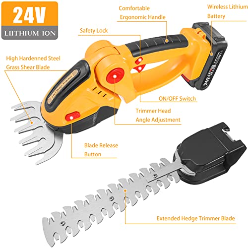 24V Cordless Grass Shear & Hedge Trimmer, 2 in 1 Electric Mini Hedge Trimmer, Handheld Grass Cutter Clippers Power Hedge Trimmers with 1500mAh Rechargeable Battery & Charger for Gardening
