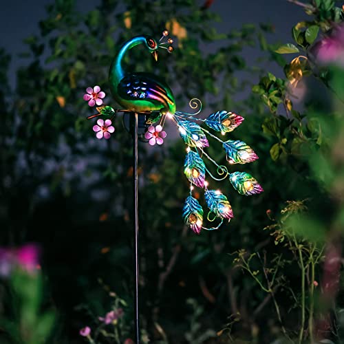 DREAMSOUL Pathway Lights Solar Powered, Metal Peacock Garden Decor - Waterproof Peacock Solar Walkway Lights for Outdoor Yard Lawn Driveway Decorations