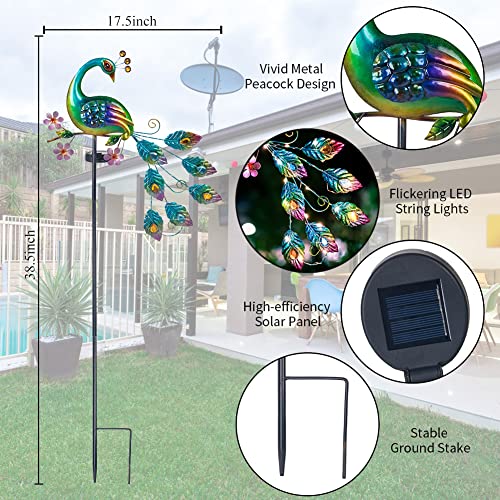 DREAMSOUL Pathway Lights Solar Powered, Metal Peacock Garden Decor - Waterproof Peacock Solar Walkway Lights for Outdoor Yard Lawn Driveway Decorations