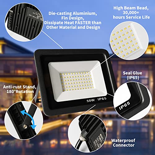 UNUSROOM 2 Pack 50W LED Flood Light Outdoor, 7000LM LED Work Lights,6500K Outdoor Floodlights, IP65 Waterproof,Plug in Flood Light, 6500K Daylight White Plug in Security Light for Yard Lawn Garden