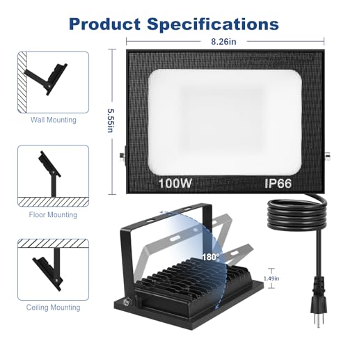 2 Pack LED Flood Lights Outdoor 100W with Plug 10,000LM Super Bright LED Work Light IP66 Waterproof Outdoor Security Plug in Outside Light 5000K Daylight White Floodlight for Yard Garden Garage House
