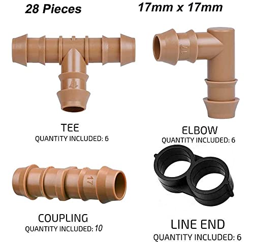 Arfun 28P Drip Irrigation Fittings Kit (17mm) for 1/2" Tubing (.600" ID), 10 Couplings, 6 Tees, 6 Elbows and 6 Tubing End Closure - Barded Connectors for Drip or Sprinkler Systems(28 Pieces Set)