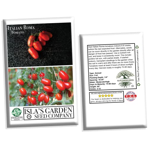 "Italian Roma" Tomato Seeds for Planting, 25+ Heirloom Seeds Per Packet, (Isla's Garden Seeds), Non GMO Seeds, Botanical Name: Solanum lycopersicum, Great Home Garden Gift
