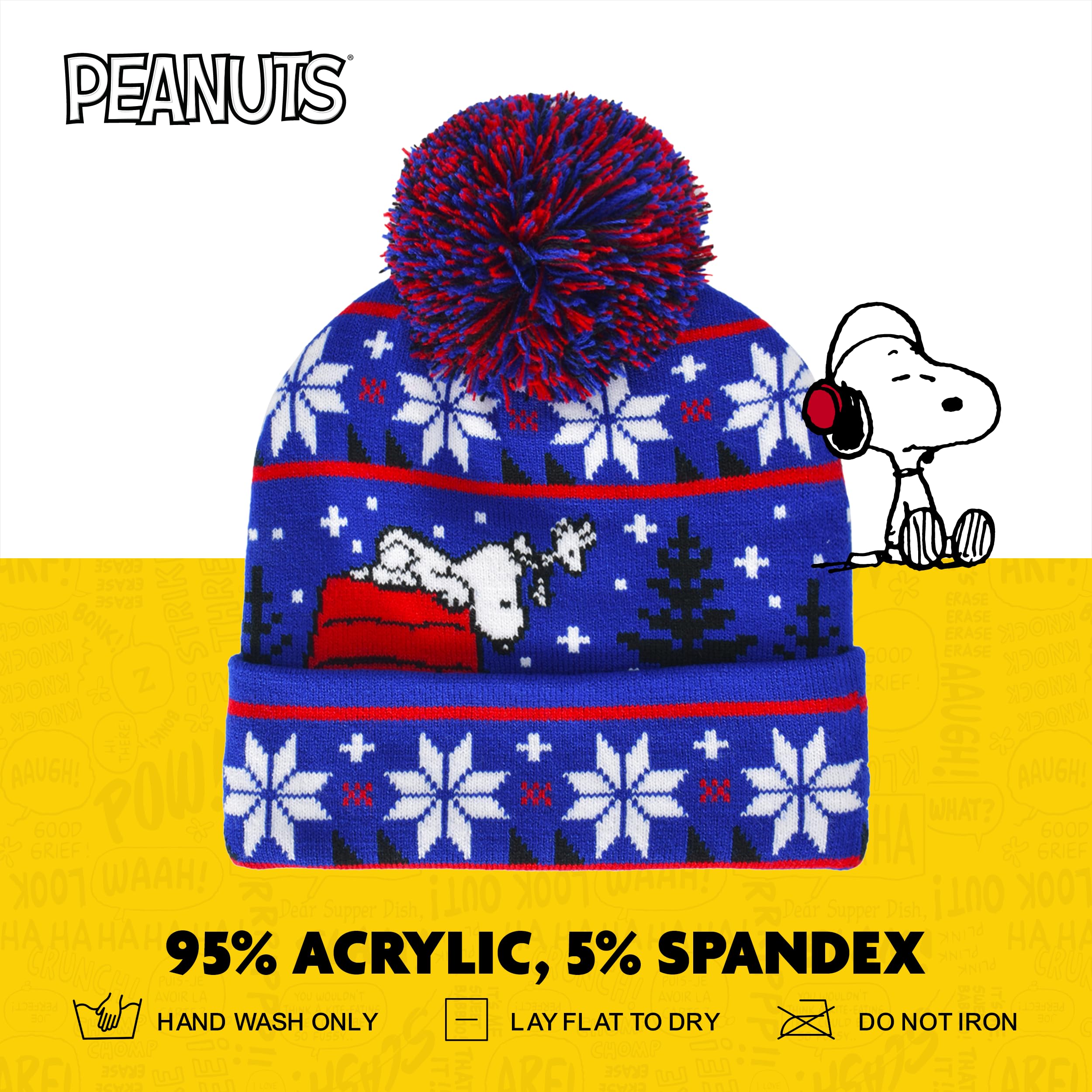 Peanuts Beanie Hat, Snoopy Red House Ugly Xmas Sweater Winter Knit Cap with Cuff and Pom, Blue, One Size