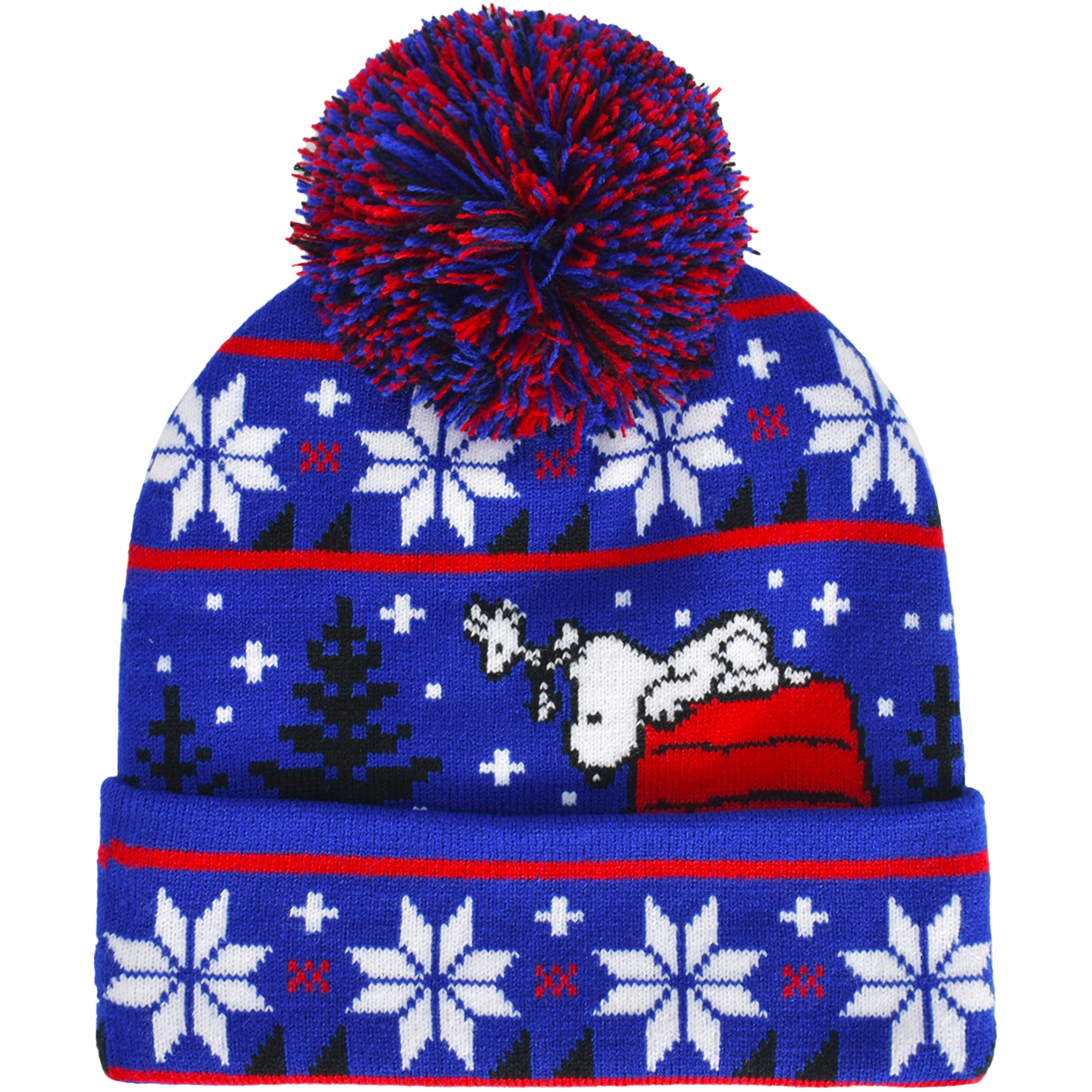 Peanuts Beanie Hat, Snoopy Red House Ugly Xmas Sweater Winter Knit Cap with Cuff and Pom, Blue, One Size