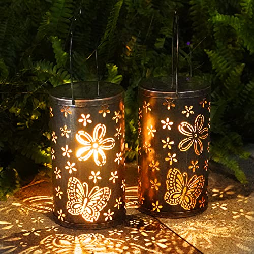 Solar Lanterns Outdoor Waterproof Hanging Lantern Lights, Butterfly Dynamic Flashing Light, Retro Metal Garden Solar Lights Decorative for Yard, Pathway, Patio, Fence,Tree, Gifts for Women(2-Pack)
