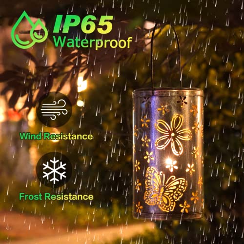 Solar Lanterns Outdoor Waterproof Hanging Lantern Lights, Butterfly Dynamic Flashing Light, Retro Metal Garden Solar Lights Decorative for Yard, Pathway, Patio, Fence,Tree, Gifts for Women(2-Pack)