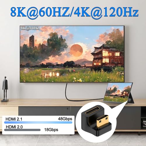 QIANRENON 8K Mini HDMI U Shape Angle Adapter UHD2.1 Mini HDMI Male to Mini HDMI Female 180 Degree Down HD Display Connector, LED Light, for DSLR Portable Camcorder Tablet PC, (Positive)