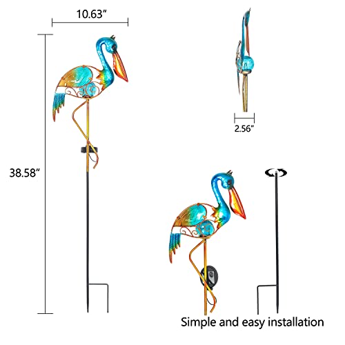Asense Garden Solar Lights Pathway Stake Outdoor Metal Sculpture Art Decor, Solar Powered LED Lights for Lawn Patio Courtyard, Blue Flamingo with Crackle Glass Ball