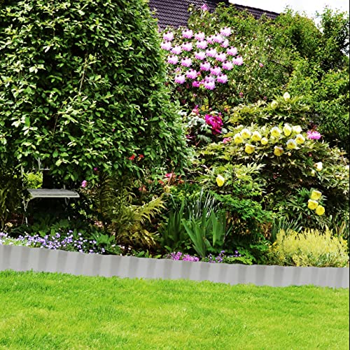 Relaxdays 10m Lawn Edging, Metal Flowerbed Border, Galvanized, Flexible, Garden Fencing, 16 cm Tall, Silver