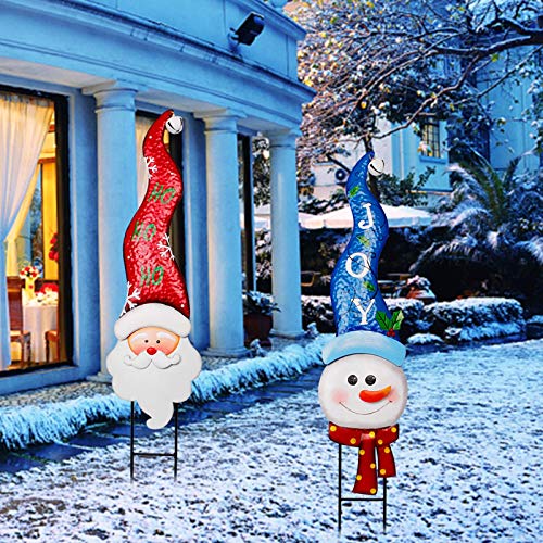 MAGGIFT 2 Pack Christmas Metal Stakes with Tinkle Bell, Metal Snowman and Santa Claus Garden Decor for Outdoor Decorations, Stake Decorative 3D Snowmen Welcome Yard Lawn Pathway Driveway Signs