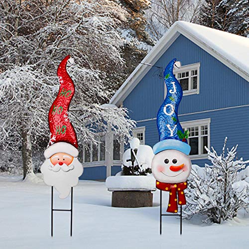MAGGIFT 2 Pack Christmas Metal Stakes with Tinkle Bell, Metal Snowman and Santa Claus Garden Decor for Outdoor Decorations, Stake Decorative 3D Snowmen Welcome Yard Lawn Pathway Driveway Signs