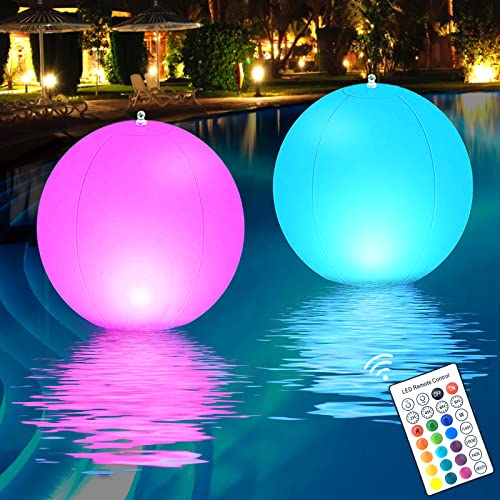 PoCare Solar Floating Pool Lights 2 Pack, 14" Floating Ball Lights Color Changing Led Glow Globe Waterproof with Remote Control, Float or Hang Pool Night Lights for Garden Party Decor