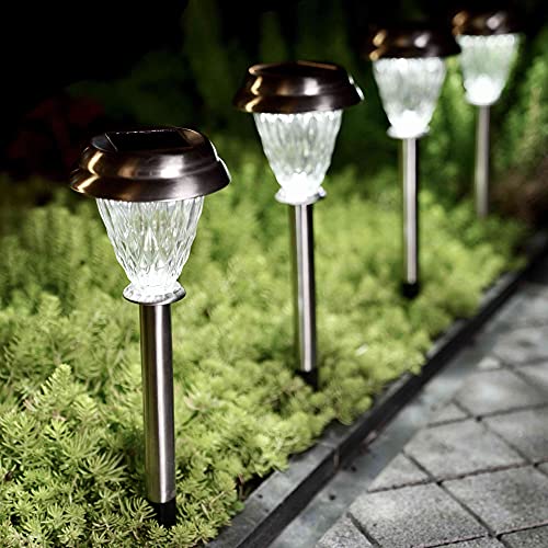 DAMAYCA 6 Pack Solar Lights Outdoor for Garden Pathway Walkway Driveway Sidewalk Yard Stainless Steel Glass Landscape Lights Solar Powered for Landscape Lighting. (Silver, Warm Light)