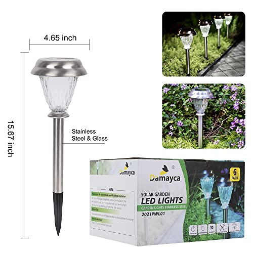 DAMAYCA 6 Pack Solar Lights Outdoor for Garden Pathway Walkway Driveway Sidewalk Yard Stainless Steel Glass Landscape Lights Solar Powered for Landscape Lighting. (Silver, Warm Light)