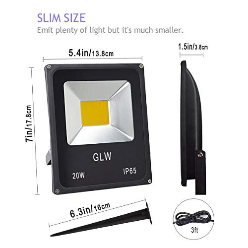 GLW 20W LED Landscape Lights 12V~60V AC/DC Flood Light Warm White 3000K Waterproof Garden Yard Path Lights Walls Trees Flags Outdoor Spotlights with Spike Stand (4 Pack)