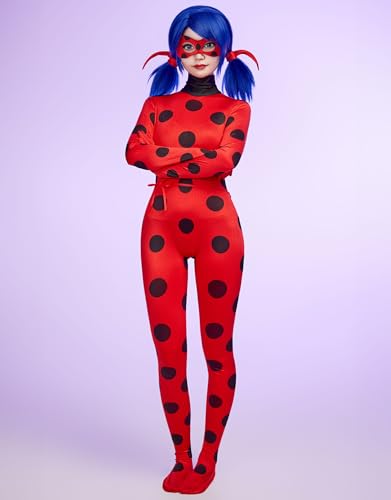 Miraculous Women's Classic Ladybug Screen Printing Jumpsuit with Eye Mask and Yoyo Bag Cosplay Costume (Large)