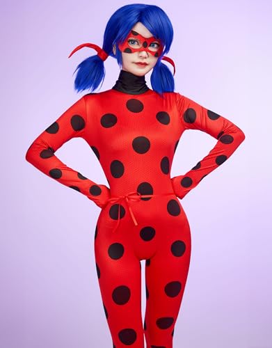 Miraculous Women's Classic Ladybug Screen Printing Jumpsuit with Eye Mask and Yoyo Bag Cosplay Costume (Large)