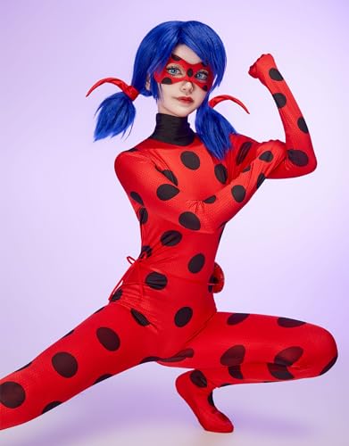 Miraculous Women's Classic Ladybug Screen Printing Jumpsuit with Eye Mask and Yoyo Bag Cosplay Costume (Large)