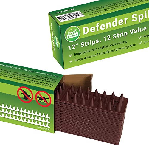 De-Bird: Defender Spikes, Cat and Bird Deterrent - Outdoor Pest Defender to Keep Off Pigeon, Squirrel, Woodpecker & More, Plastic Deterrent Anti Theft Climb Strips - 12pk [12 Foot]