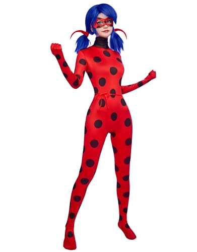 Miraculous Women's Classic Ladybug Screen Printing Jumpsuit with Eye Mask and Yoyo Bag Cosplay Costume (Large)