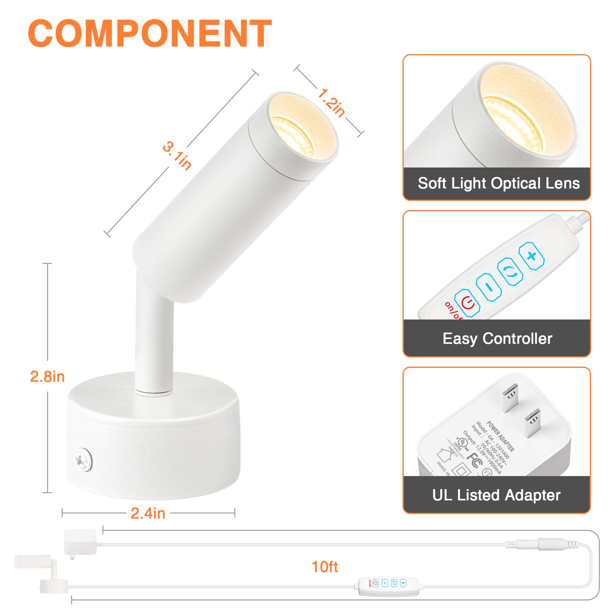 URTOM LED Spot Lights Indoor 3W Uplighting Indoor Spotlight with Memory Function 3000K/4000K/5000K Up Lights Indoor 120V Dimmable Uplights Indoor for Plant Spotlight Indoor for Accent Lighting 2 Pack
