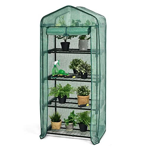 Giantex Portable Mini Greenhouse, Gardening Tent W/ 4-Tier Rack, Weatherproof PE Cover, Zippered Roll-up Door, Steel Frame, Easy Setup, Indoor & Outdoor Small Garden Supplies Green