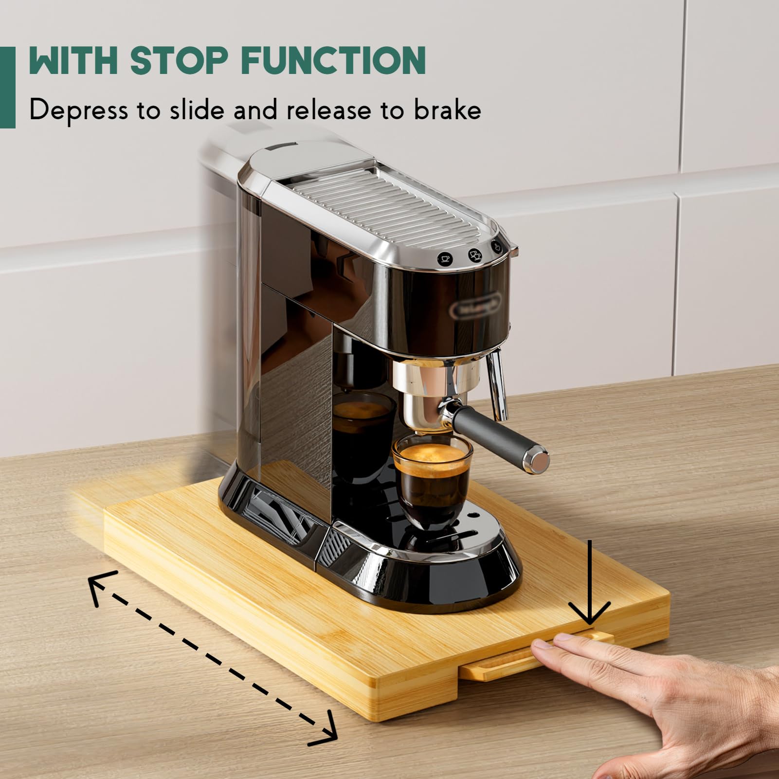 Yumkfoi Bamboo Appliance Slider, Sliding Tray for Coffee Maker, Coffee Maker Slider Tray for Counter with Rolling Wheels for Blender, Toaster, Coffee Pot, Air Fryer (10.8"W x 15.7"D)