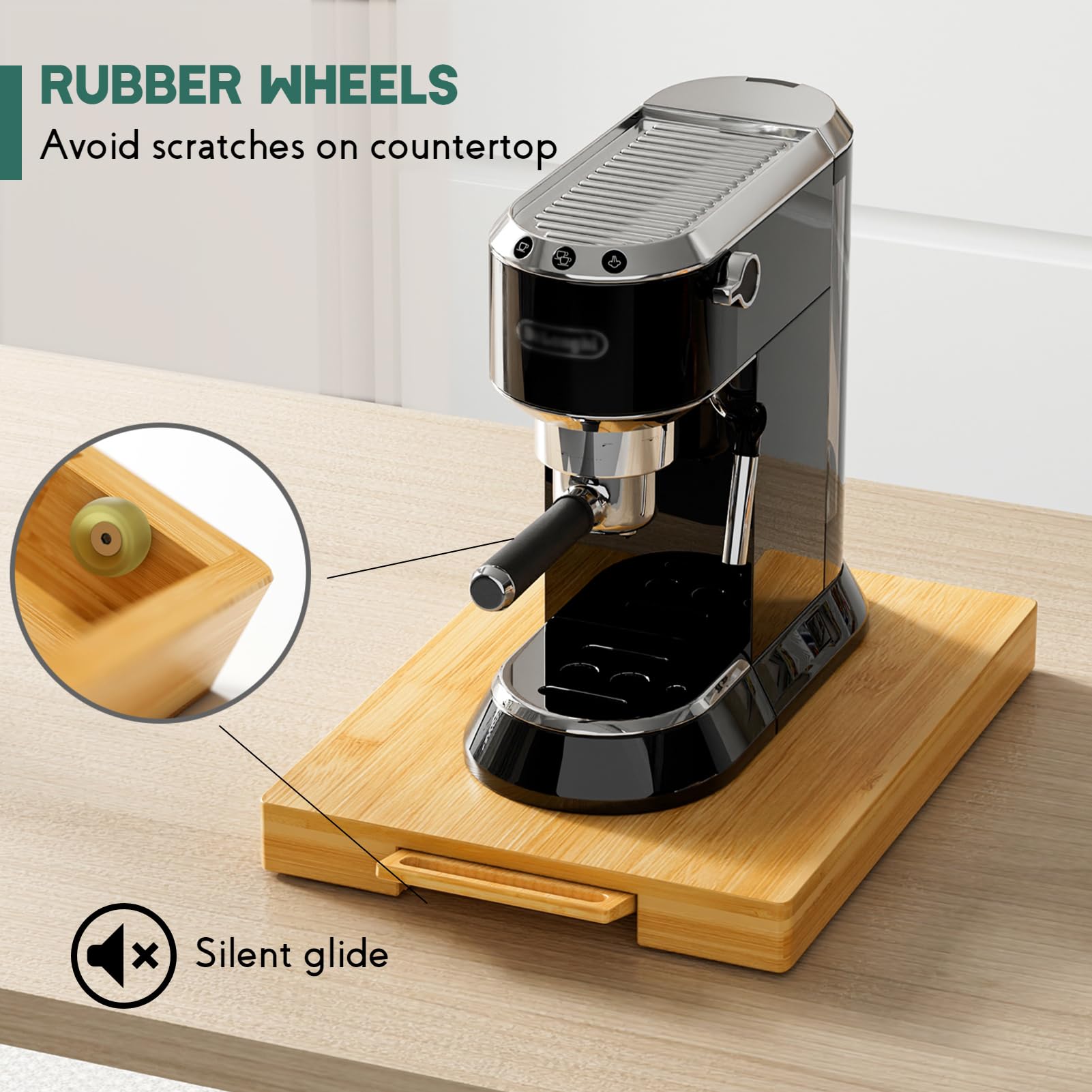 Yumkfoi Bamboo Appliance Slider, Sliding Tray for Coffee Maker, Coffee Maker Slider Tray for Counter with Rolling Wheels for Blender, Toaster, Coffee Pot, Air Fryer (10.8"W x 15.7"D)