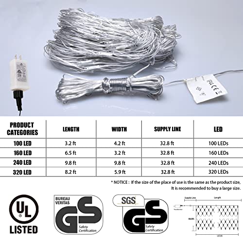 gresonic Net Mesh Lights,320 LEDs 8.2ft x 5.9ft String Lights for Christmas Trees,Bushes,Holiday,Party,Outdoor Wall,Garden Decorations(Cool White)