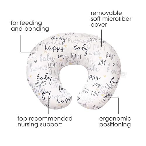 Boppy Nursing Pillow Original Support, Baby Love Black White Gold, Ergonomic Nursing Essentials for Bottle and Breastfeeding, Firm Fiber Fill, with Removable Nursing Pillow Cover, Machine Washable