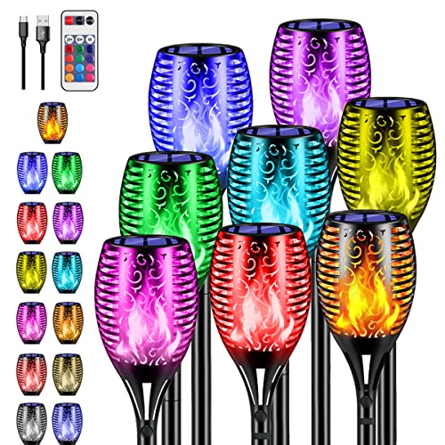 B BOCHAMTEC 8 Pack Solar Flame Lights Outdoor Flickering Torch, with USB Charging Port Remote, 13 Color Changing RGB,Waterproof Lights Landscape Auto On/Off for Garden Patio Driveway Party