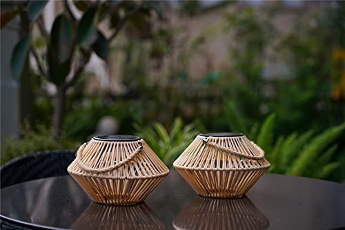 Outdoor Hanging Solar Lantern , 2 Pack Handmade Woven Lamp with Rope Handle Waterproof Table Light Home Decor for Backyard Balcony Patio Garden, Natural