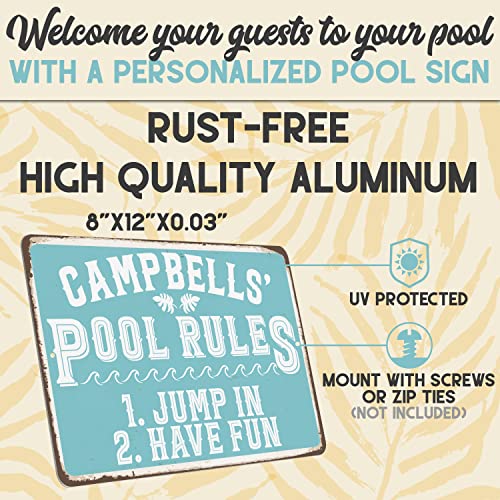Personalized Pool Sign w/Name - Indoor/Outdoor Metal Sign for Garden, Patio, Hot Tub, Pool Deck | 7 Unique Designs | Customized Gifts for Swimming Pool Owners, Funny Backyard Decorations