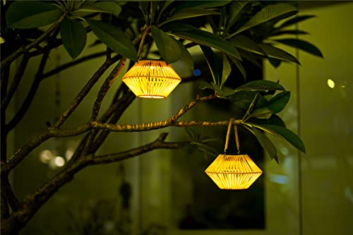 Outdoor Hanging Solar Lantern , 2 Pack Handmade Woven Lamp with Rope Handle Waterproof Table Light Home Decor for Backyard Balcony Patio Garden, Natural