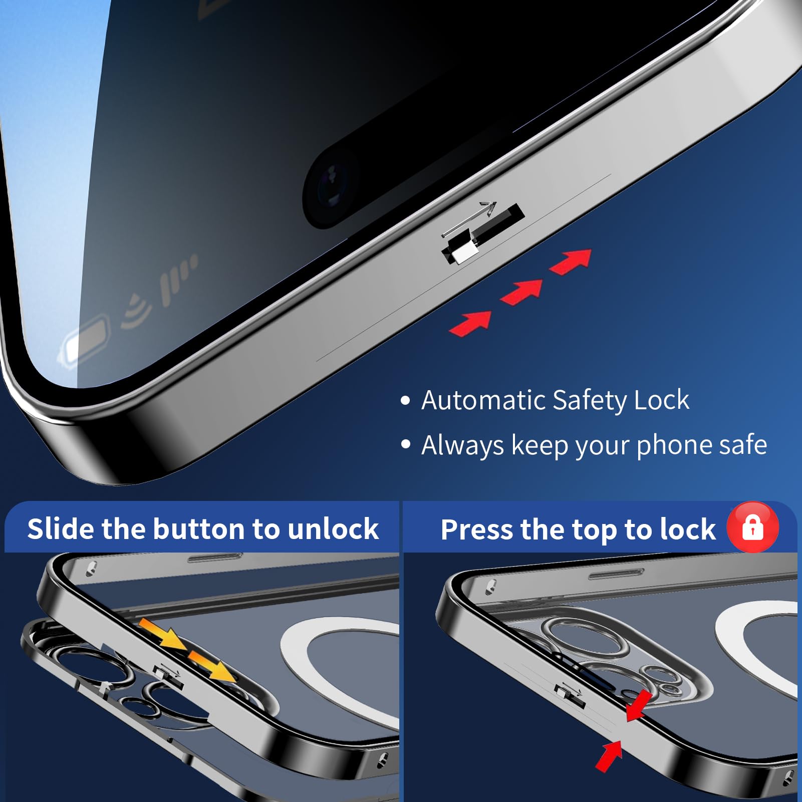 Upholyee [CD Metal Ring & Automatic Pop-up Lock Magnetic Privacy Case for iPhone 13 Pro Max [Compatible with MagSafe] [Integrated Lens Protection] Full Body Bumper Cover with Built-in 9H Glass-Black