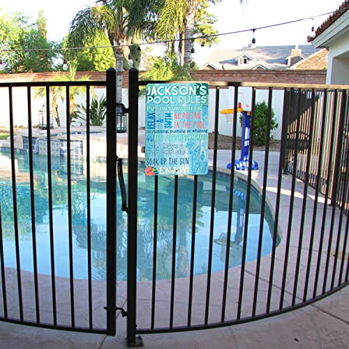 Personalized Pool Sign w/Name - Indoor/Outdoor Metal Sign for Garden, Patio, Hot Tub, Pool Deck | 7 Unique Designs | Customized Gifts for Swimming Pool Owners, Funny Backyard Decorations