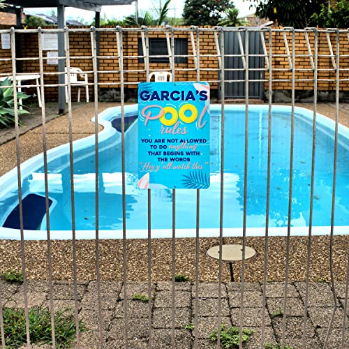 Personalized Pool Sign w/Name - Indoor/Outdoor Metal Sign for Garden, Patio, Hot Tub, Pool Deck | 7 Unique Designs | Customized Gifts for Swimming Pool Owners, Funny Backyard Decorations