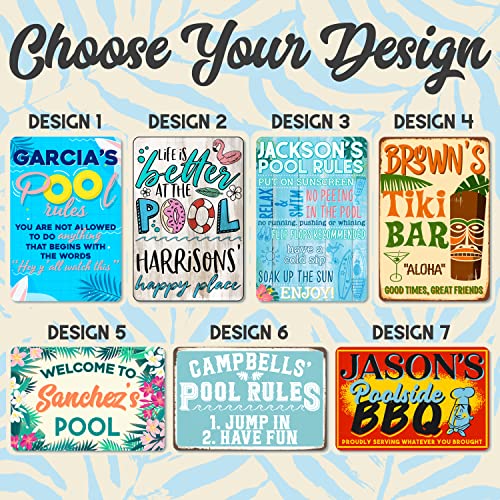 Personalized Pool Sign w/Name - Indoor/Outdoor Metal Sign for Garden, Patio, Hot Tub, Pool Deck | 7 Unique Designs | Customized Gifts for Swimming Pool Owners, Funny Backyard Decorations