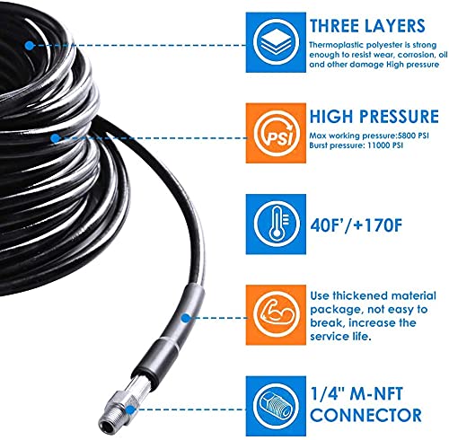 100FT Sewer Jetter Kit for Pressure Washer, 5800PSI Drain Cleaner Hose 1/4 Inch NPT Corner, Rotating and Button Nose Sewer Jetting Drain Jetter Hose Nozzle Pearl Corsage Pin Spanners Waterproof Tape