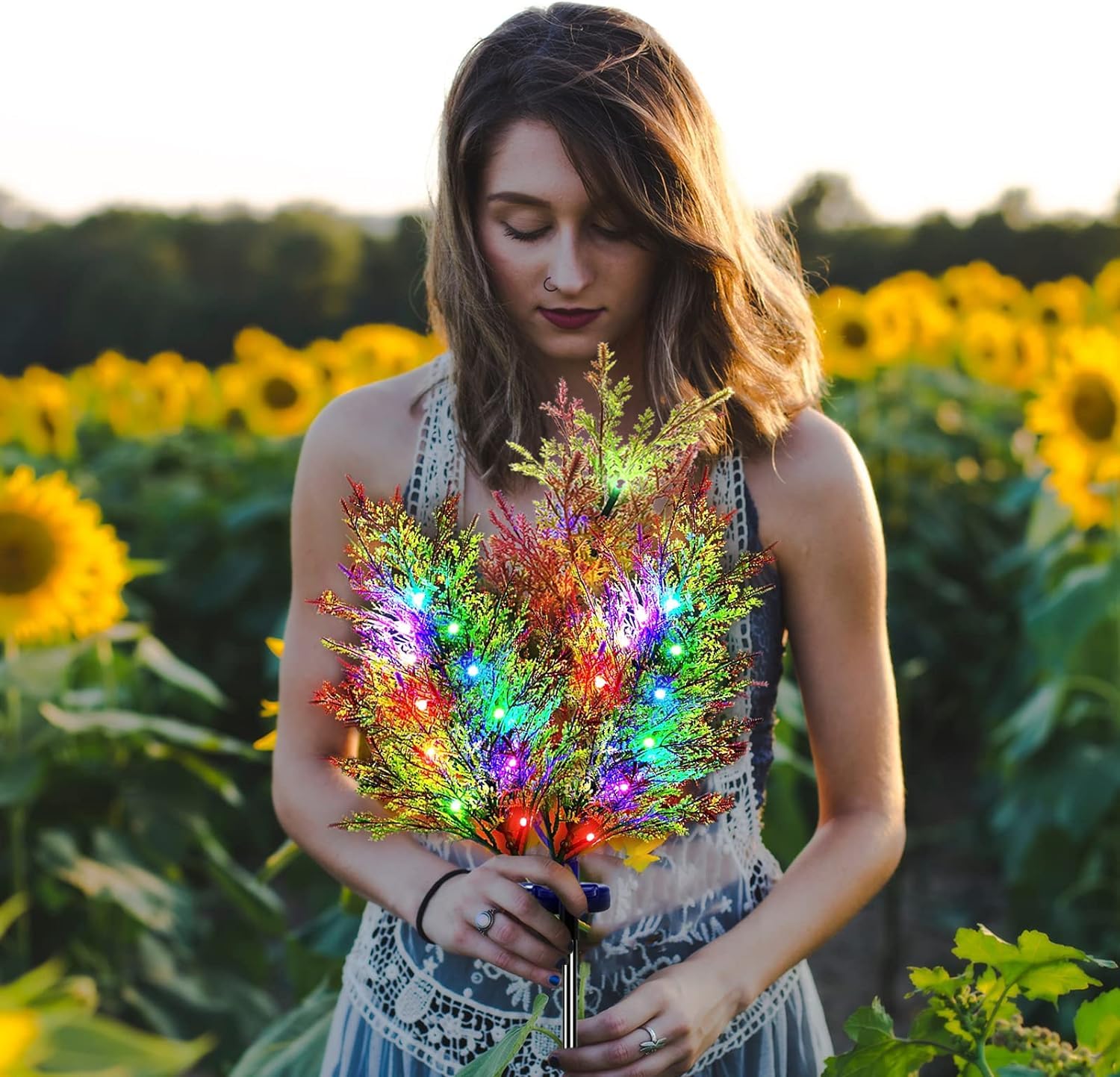 Solar Artificial Tree Lights Garden Stake Pathway Lights for Outdoor Decorations, IP65 Waterproof Solar Tree 2 Pack Flickering Tree Lights for Garden Yard Pathway Decor