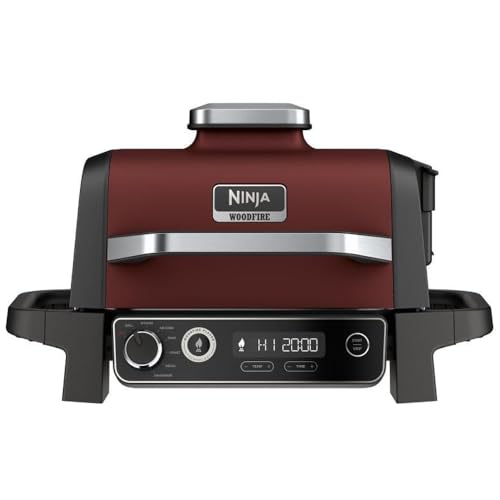 Ninja OG701 Woodfire Outdoor Grill & Smoker, 7-in-1 Master Grill, BBQ Smoker, Air Fryer plus Bake, Roast, Dehydrate, & Broil, uses Woodfire Pellets(1 Pack Included), Portable, Electric, Red (Renewed)
