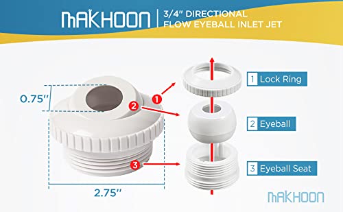 MAKHOON 3/4" Directional Flow Eyeball Inlet Jet for Compatible with Hayward SP1419D with 1-1/2" MIP Threa White Opening Hydrostream Return Jet Replacement Part(6 Pack)